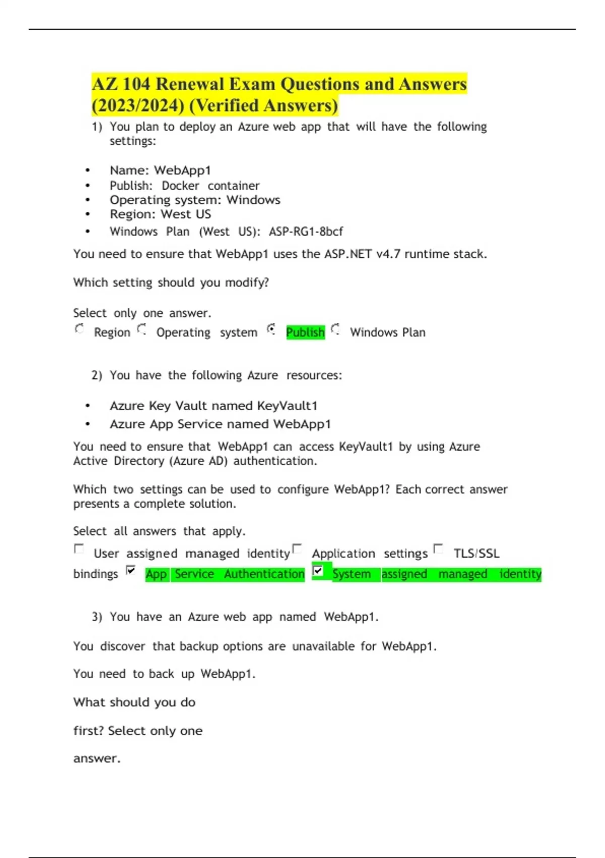 AZ 104 Renewal Exam Questions and Answers (2023/2024) (Verified Answers ...