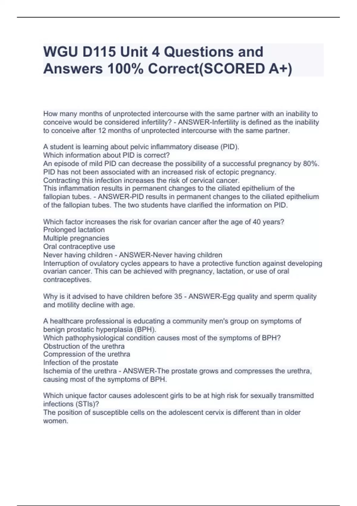 WGU D115 Unit 4 Questions and Answers 100% Correct(SCORED A+) - WGU D115 - Stuvia US