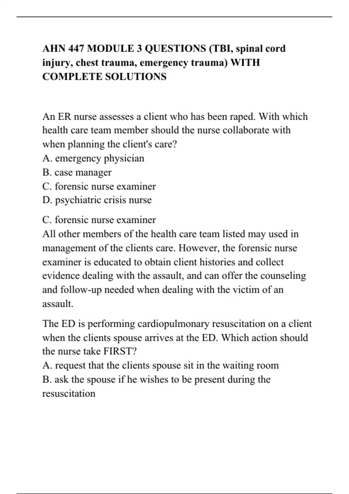 AHN 447 MODULE 3 QUESTIONS (TBI, spinal cord injury, chest trauma, emergency trauma) WITH ...
