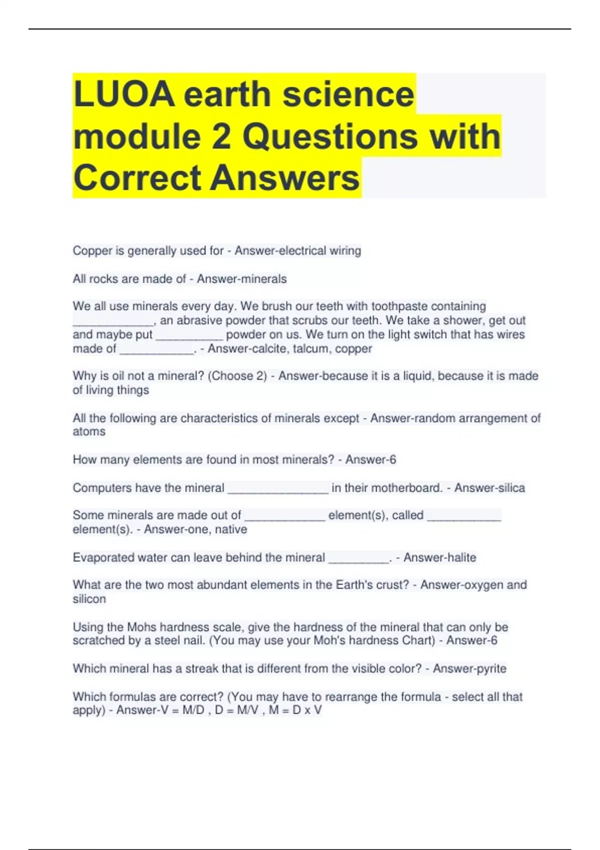 LUOA earth science module 2 Questions with Correct Answers - LUOA ...