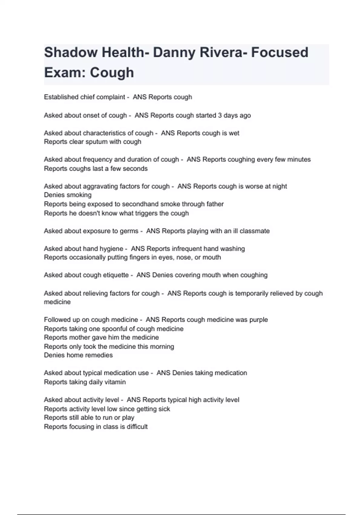 Shadow Health- Danny Rivera- Focused Exam: Cough Questions with ...