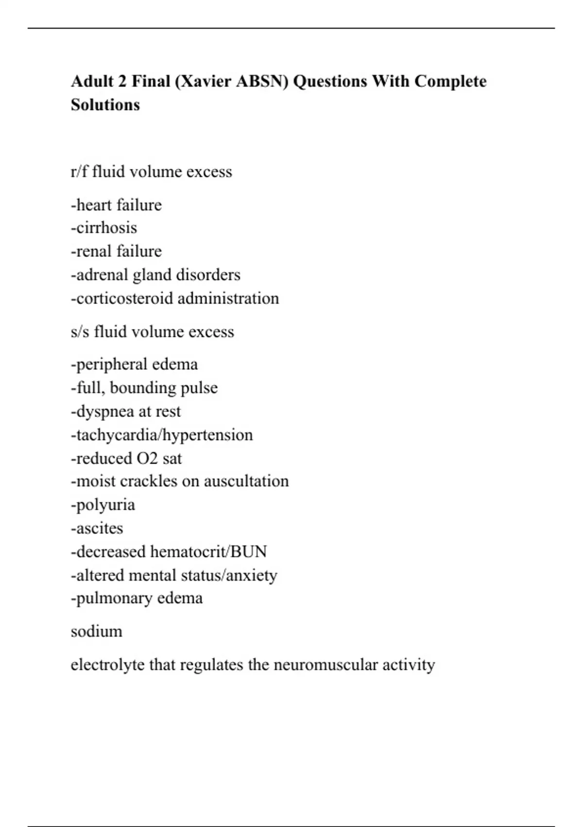 Adult 2 Final (Xavier ABSN) Questions With Complete Solutions - Adult ...