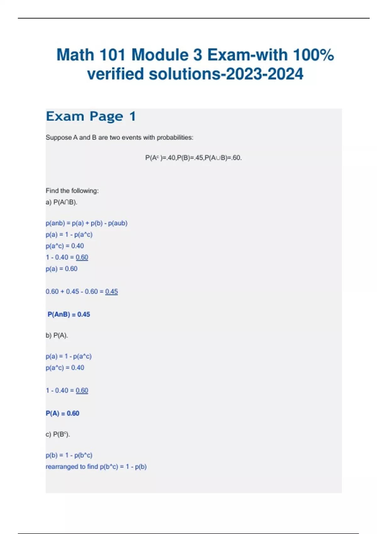 Math 101 Module 3 Exam-with 100% verified solutions- - Math 101 - Stuvia US