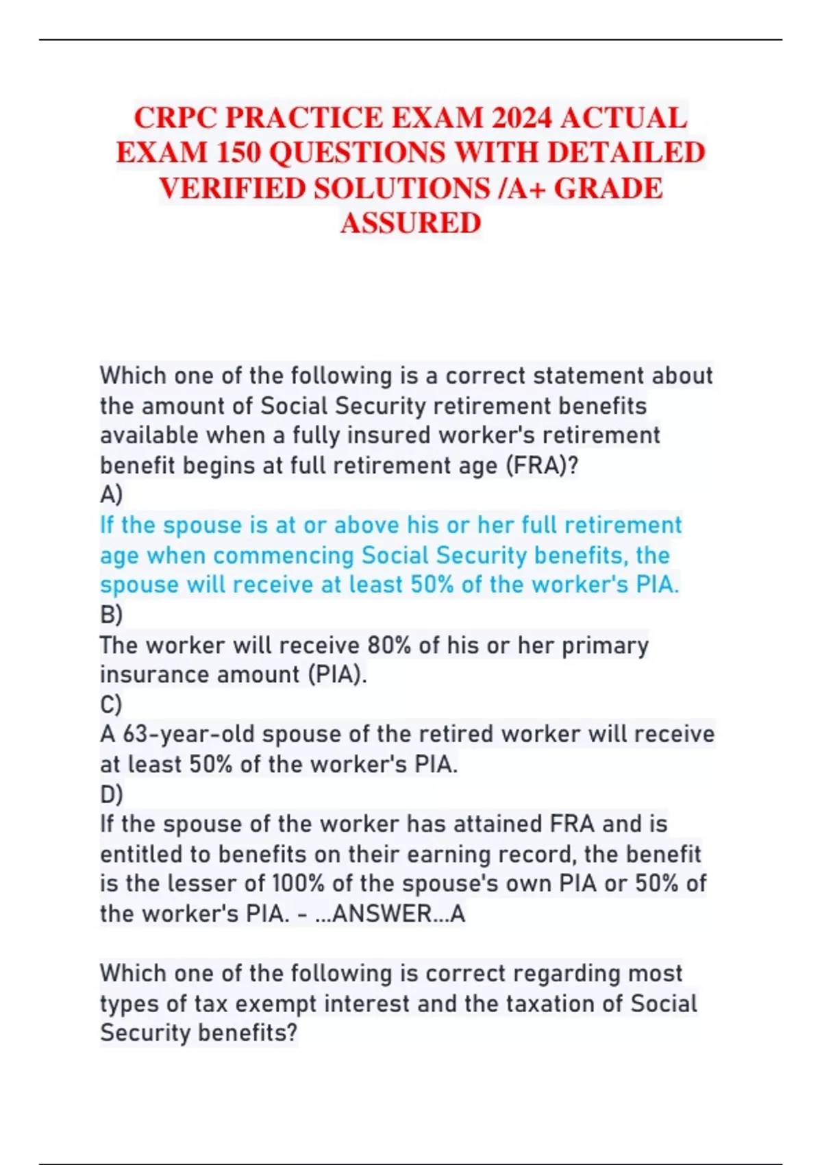 CRPC PRACTICE EXAM 2024 ACTUAL EXAM 150 QUESTIONS WITH DETAILED ...