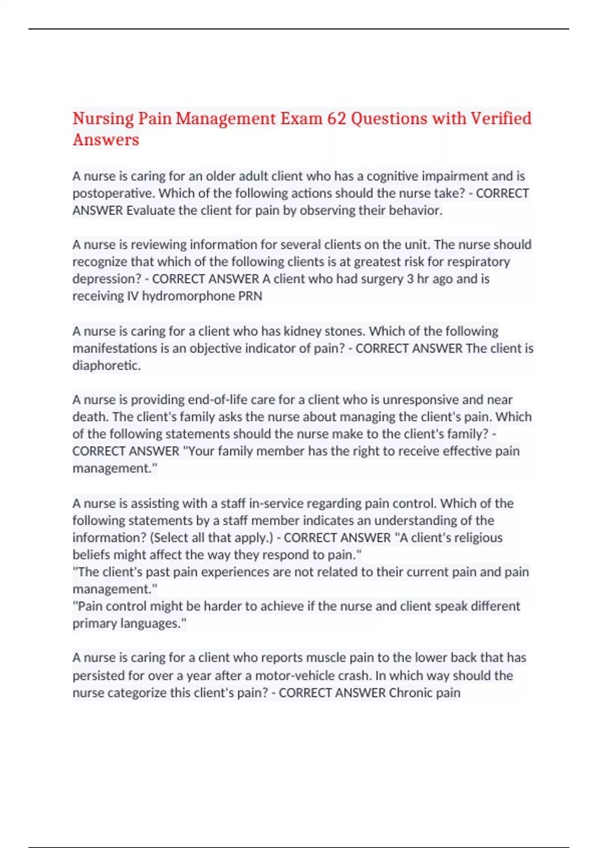 Nursing Pain Management Exam 62 Questions with Verified Answers,100% ...