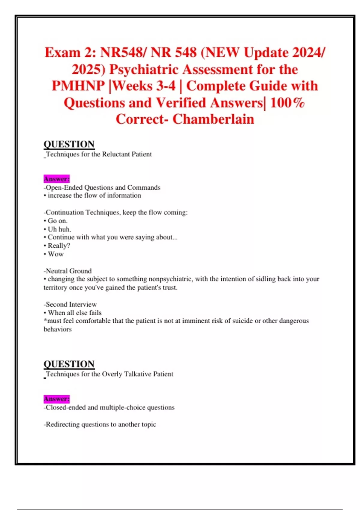 Exam 2: NR548/ NR 548 (NEW Update 2024/ 2025) Psychiatric Assessment for the PMHNP |Weeks 3-4 ...
