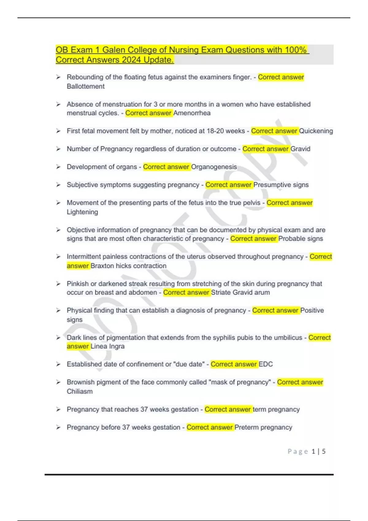 OB Exam 1 Galen College of Nursing Exam Questions with 100% Correct ...