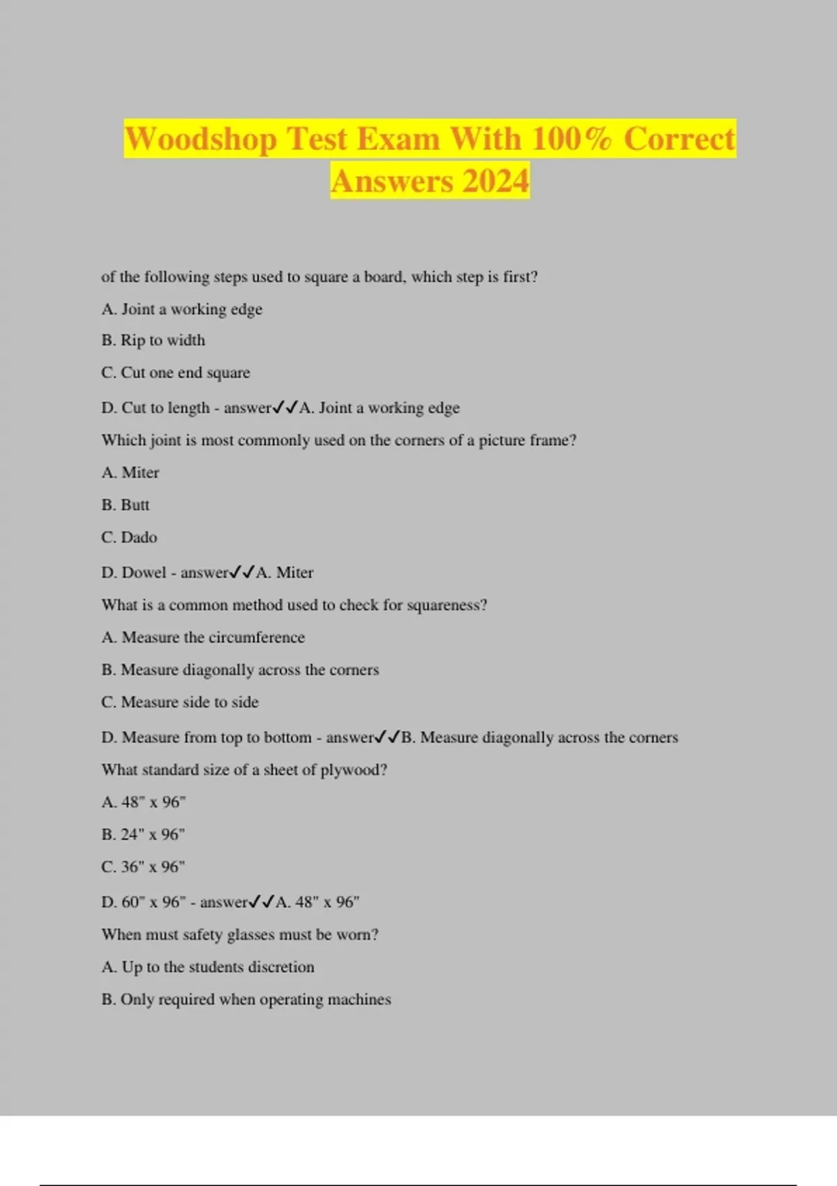 Woodshop Test Exam With 100% Correct Answers 2024 - Woodshop - Stuvia US