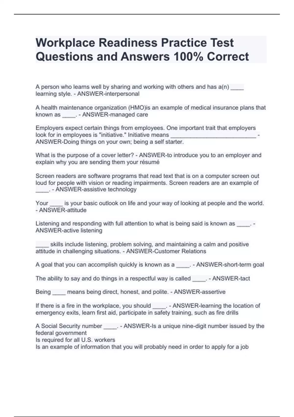 Workplace Readiness Practice Test Questions and Answers 100% Correct ...