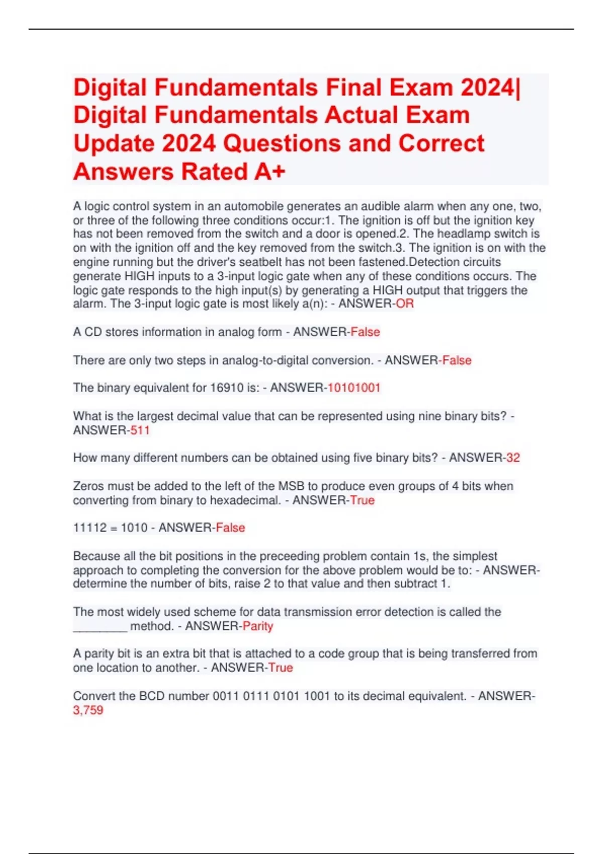 Digital Fundamentals Final Exam 2024| Digital Fundamentals Actual Exam ...