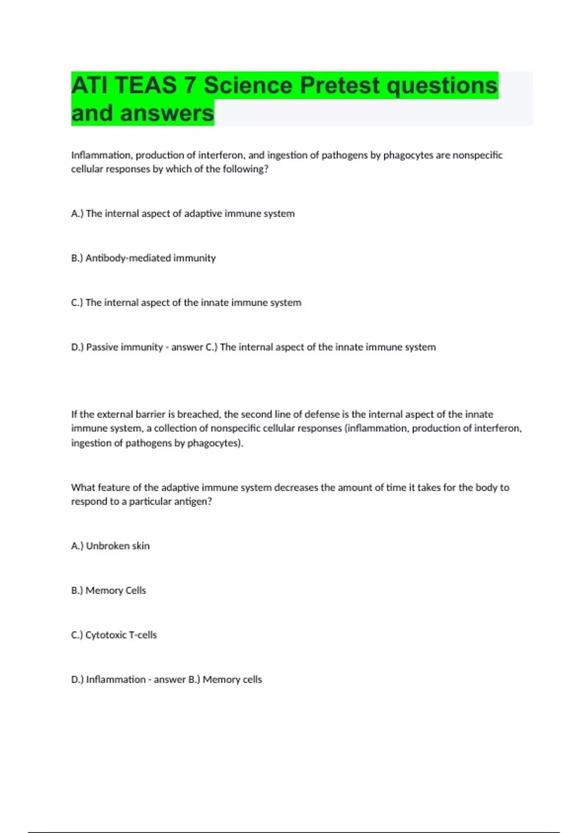 ATI TEAS 7 Science Pretest questions and answers - ATI TEAS 7 Science ...