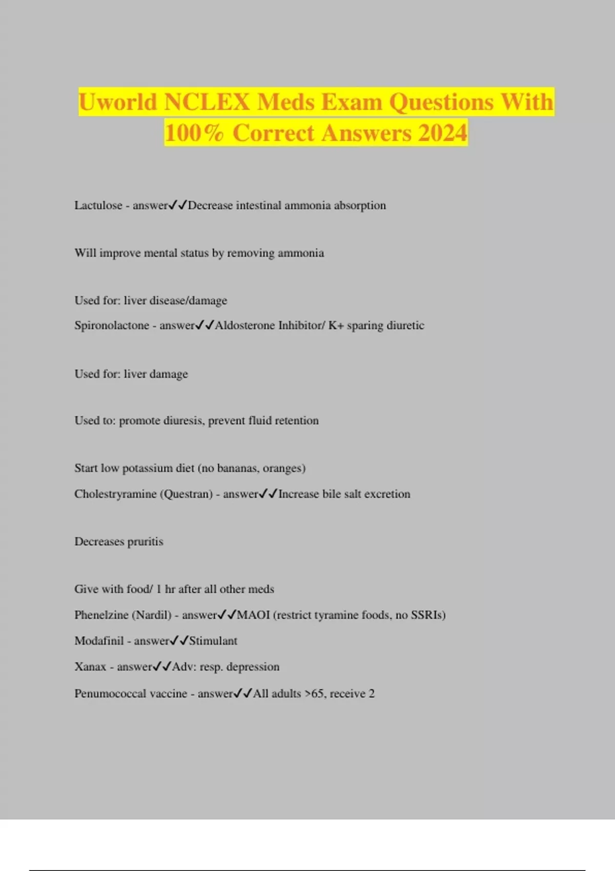 Uworld NCLEX Meds Exam Questions With 100% Correct Answers 2024 - NCLEX ...