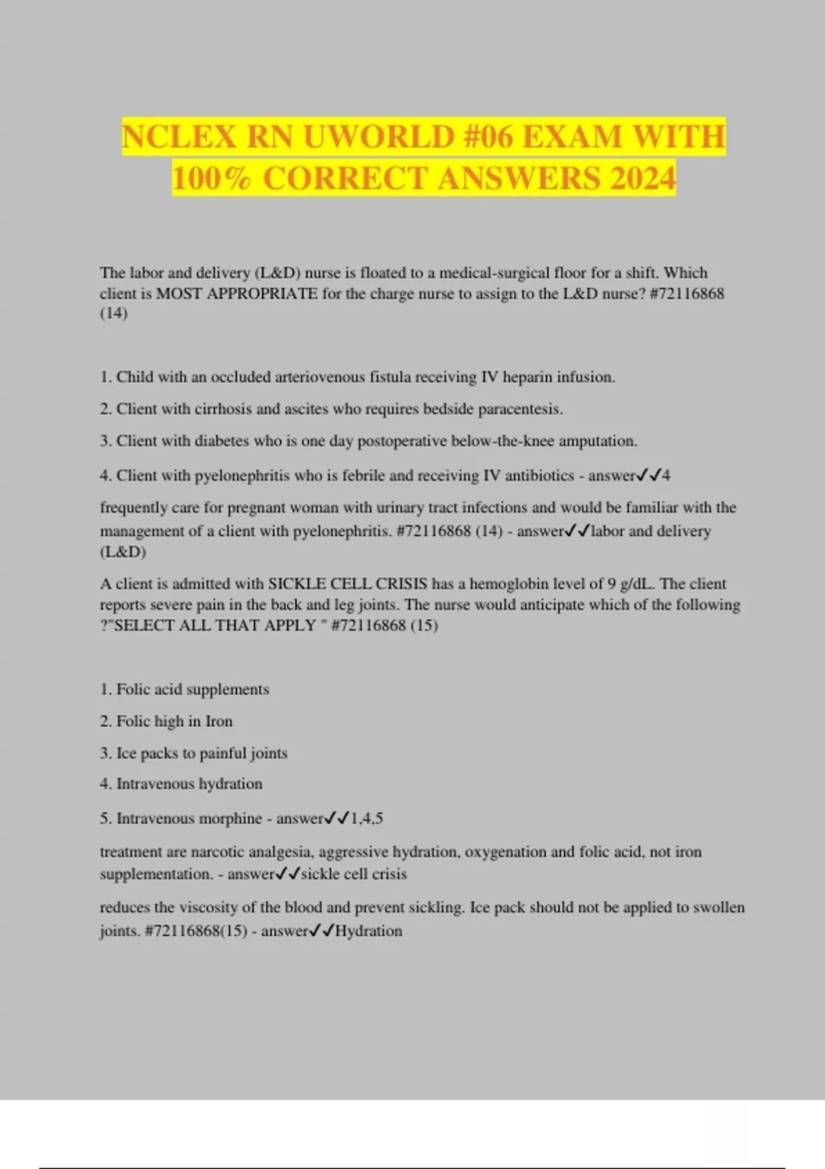 NCLEX RN UWORLD #06 EXAM WITH 100% CORRECT ANSWERS 2024 - NCLEX UWORLD - Stuvia US