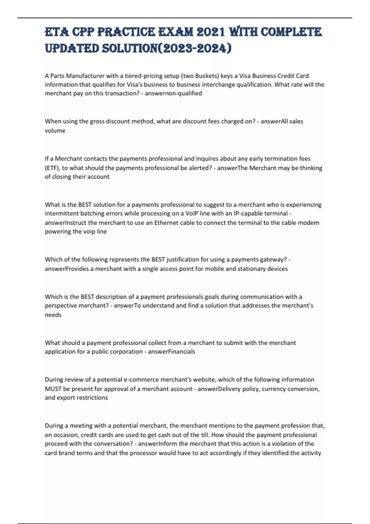 ETA CPP Practice Exam 2021 with complete updated solution() A Parts Manufacturer with a tiered ...