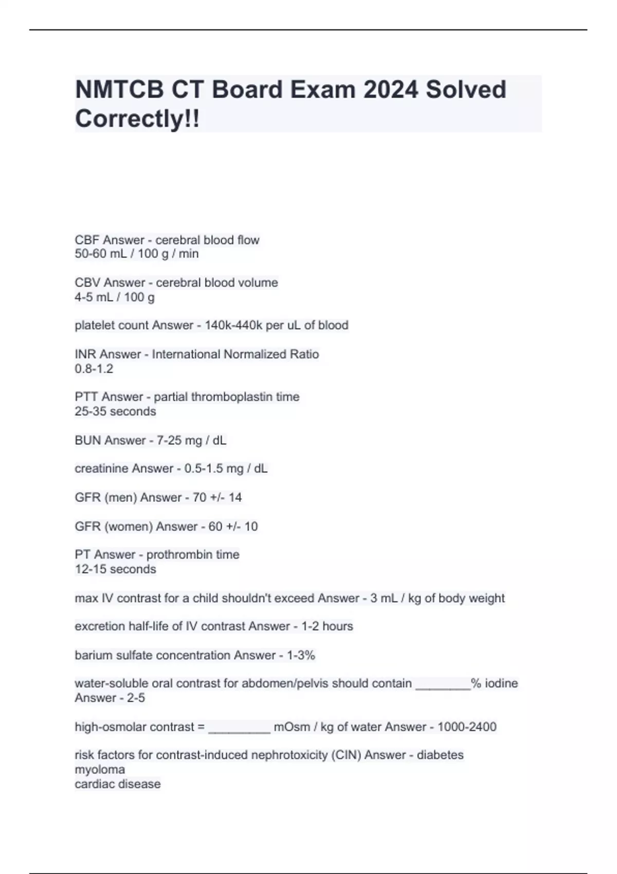 NMTCB CT Board Exam 2024 Solved Correctly!! - NMTCB CT - Stuvia US