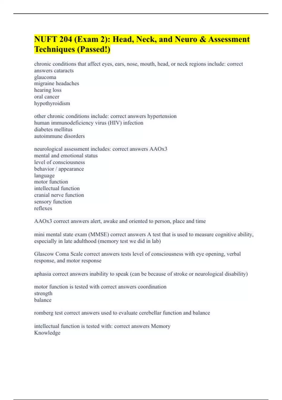 NUFT 204 (Exam 2): Head, Neck, and Neuro & Assessment Techniques ...