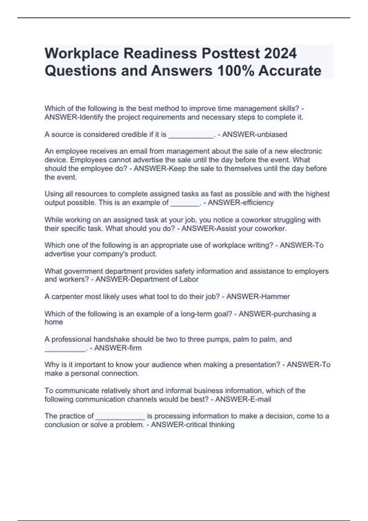 Workplace Readiness Posttest 2024 Questions and Answers 100% Accurate ...