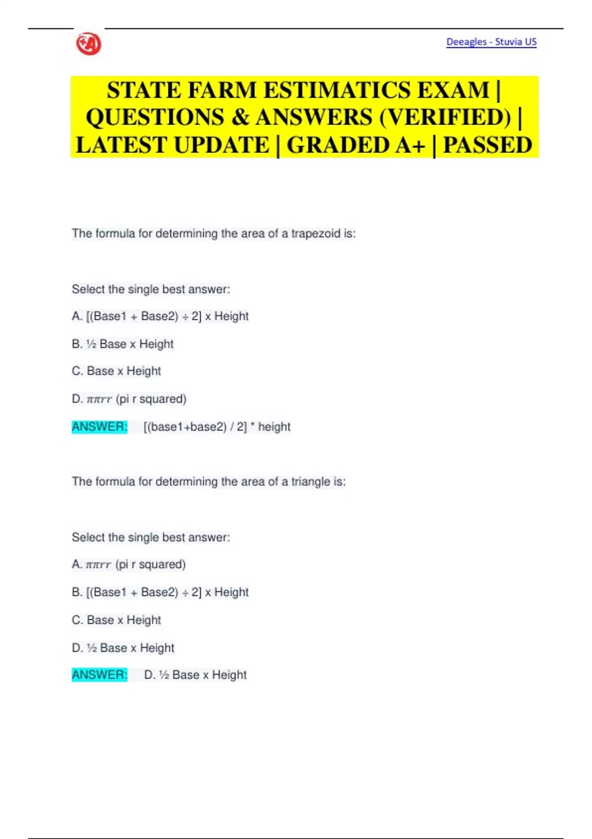 STATE FARM ESTIMATICS EXAM | QUESTIONS & ANSWERS (VERIFIED) | LATEST ...