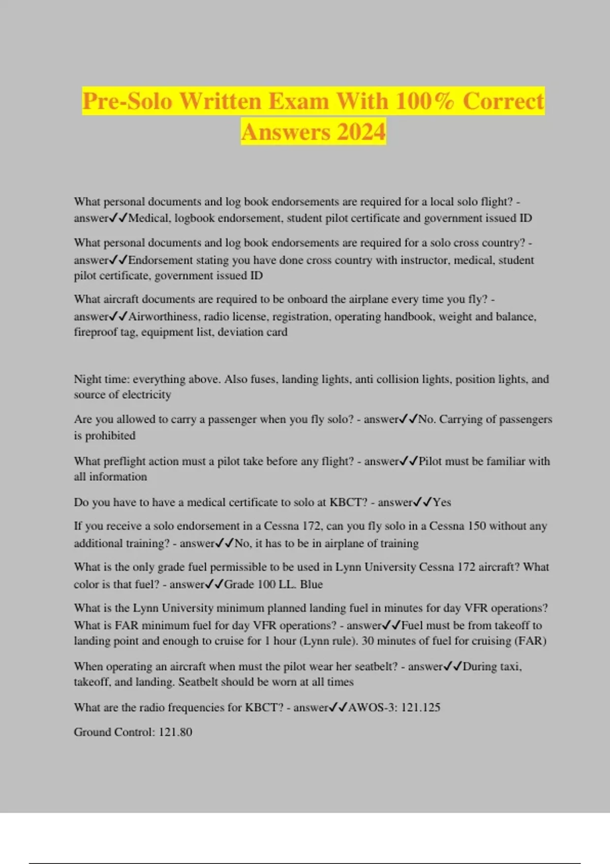 Pre-Solo Written Exam With 100% Correct Answers 2024 - Pre-Solo - Stuvia US