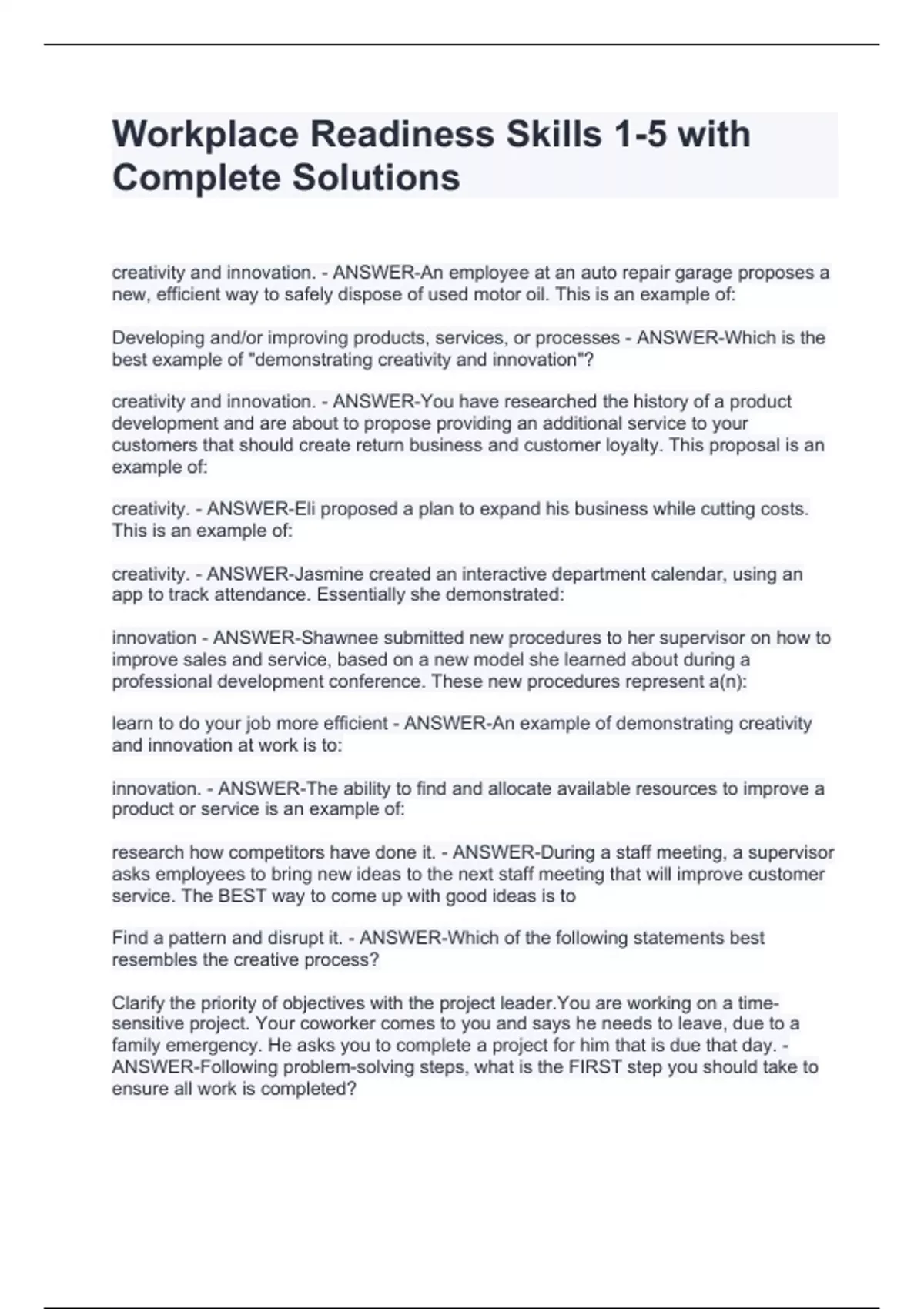 Workplace Readiness Skills 1-5 with Complete Solutions - Workplace ...