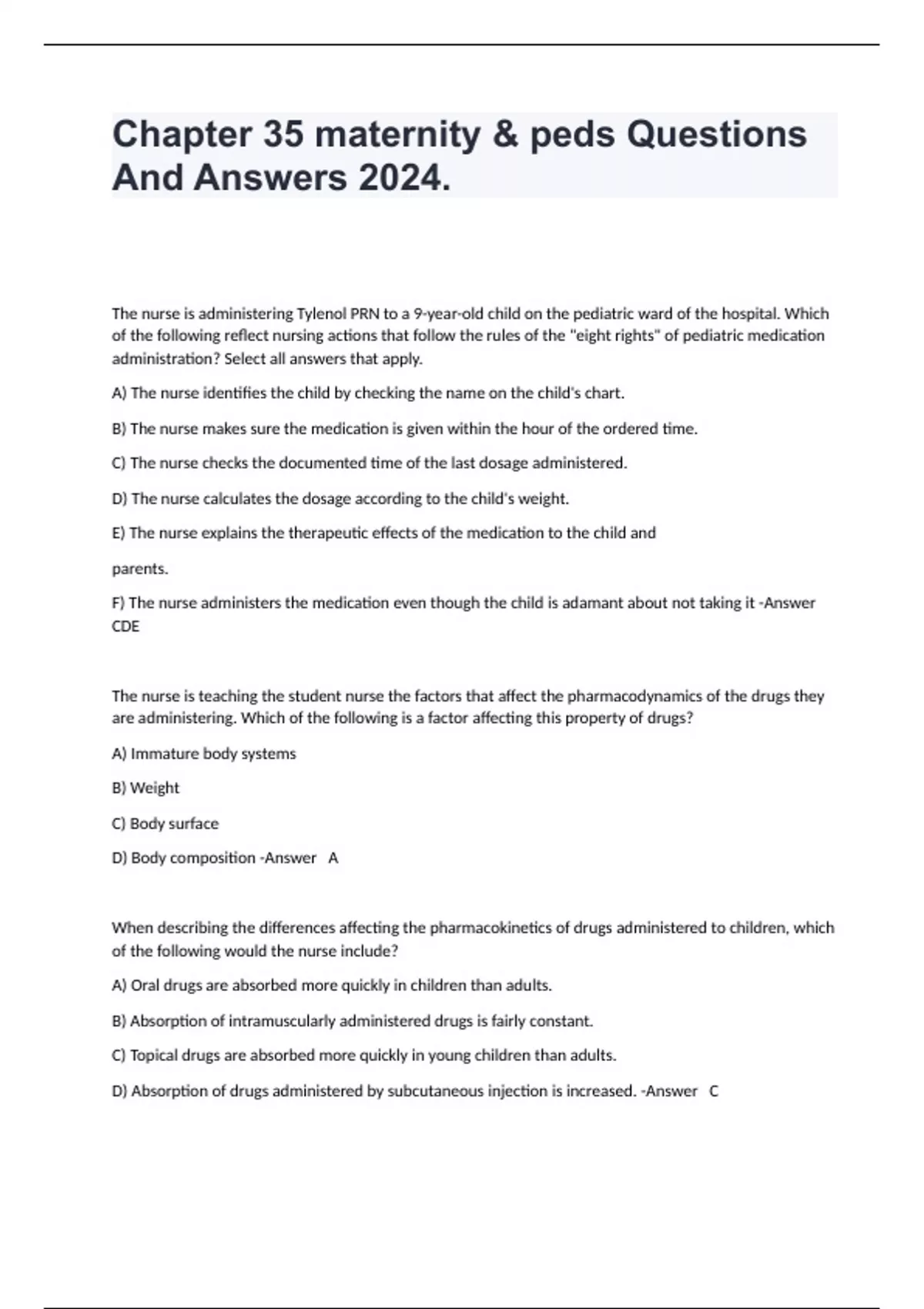 Chapter 35 maternity & peds Questions And Answers 2024. - Maternity and ...