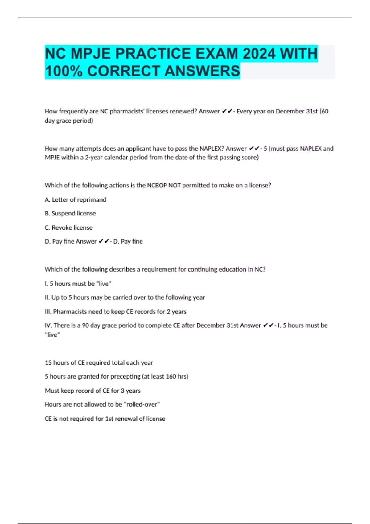 NC MPJE PRACTICE EXAM 2024 WITH 100% CORRECT ANSWERS - NC MPJE - Stuvia US