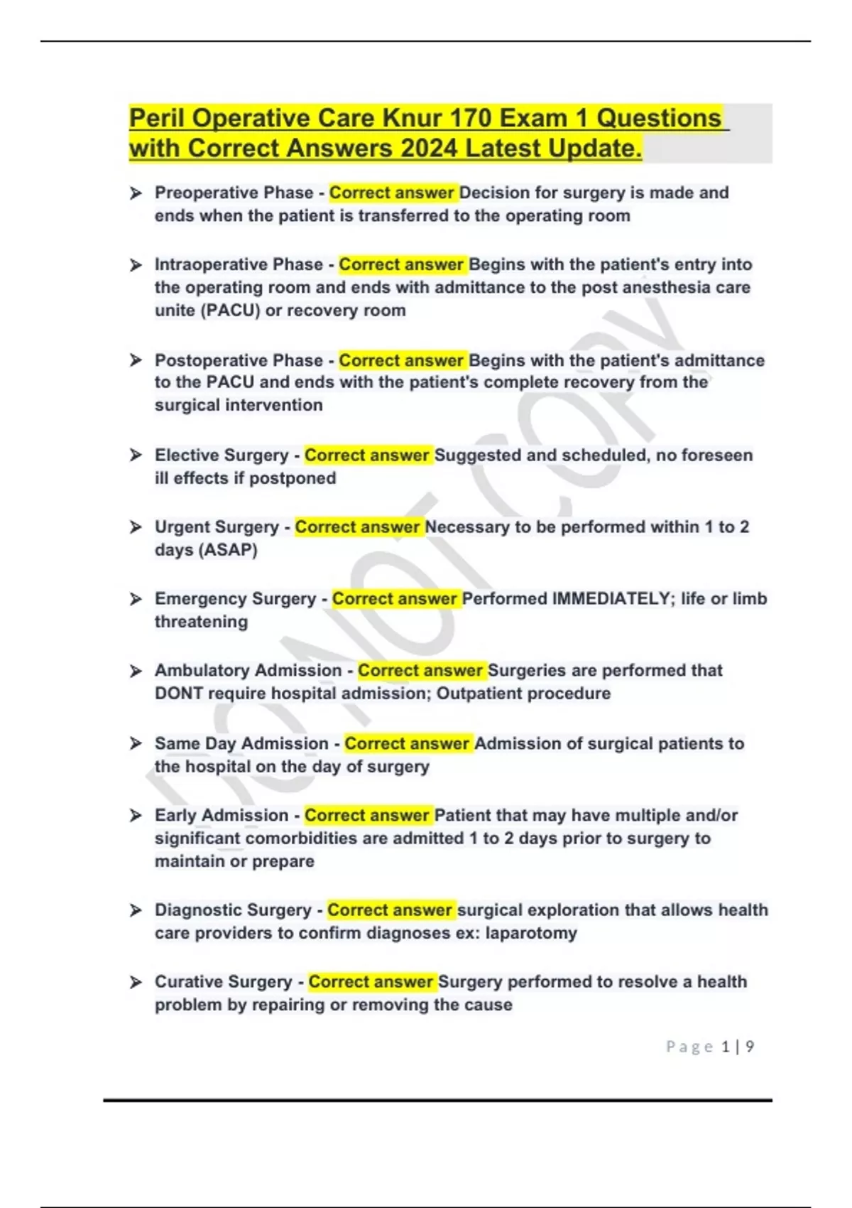 Peril Operative Care Knur 170 Exam 1 Questions with Correct Answers ...