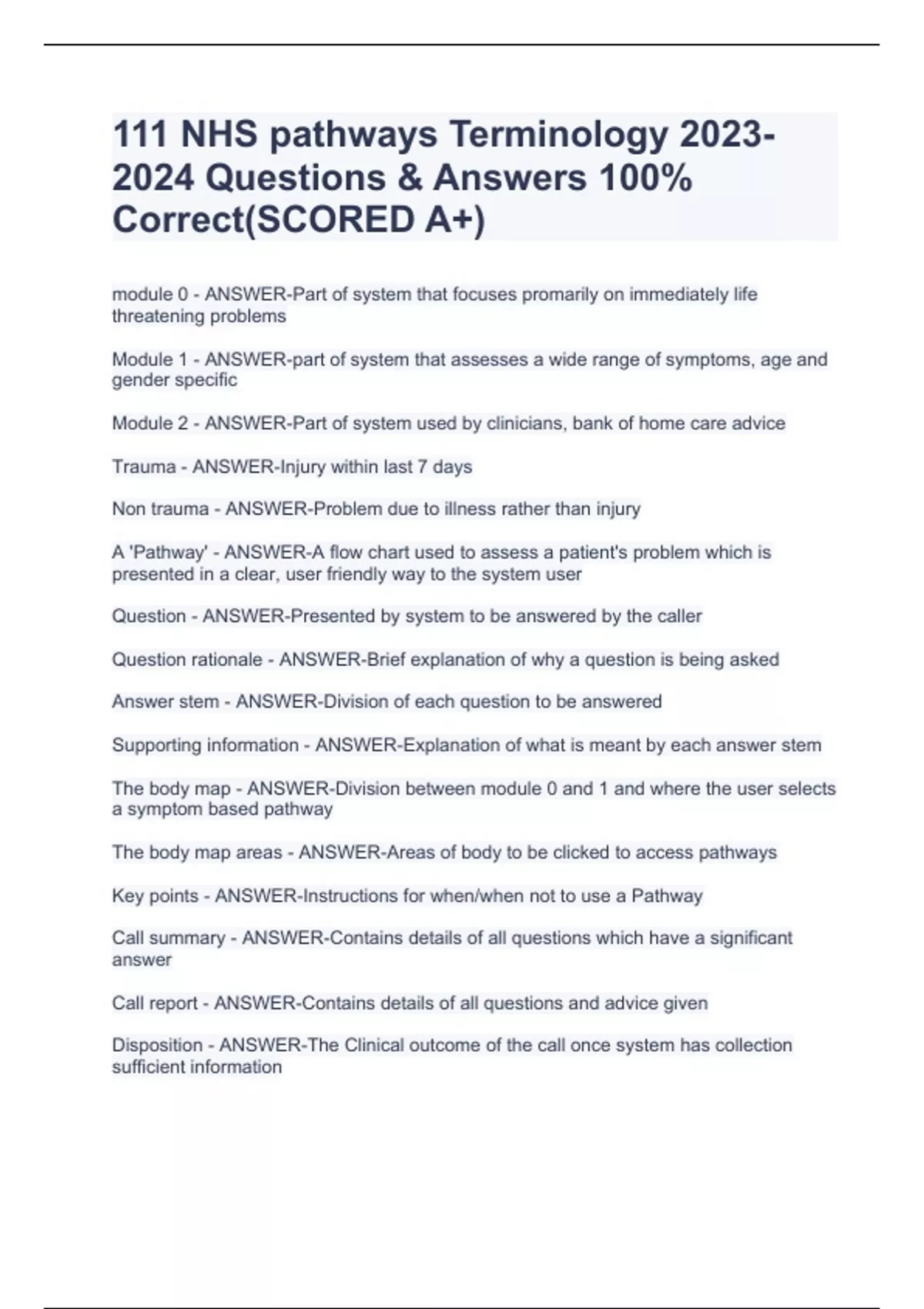 111 NHS pathways Terminology Questions & Answers 100% Correct(SCORED A+ ...