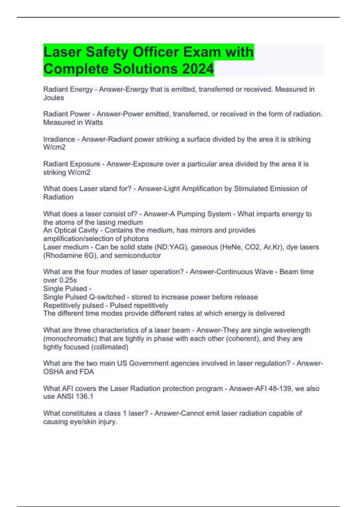 Laser Safety Officer Exam with Complete Solutions 2024 - Laser Safety ...