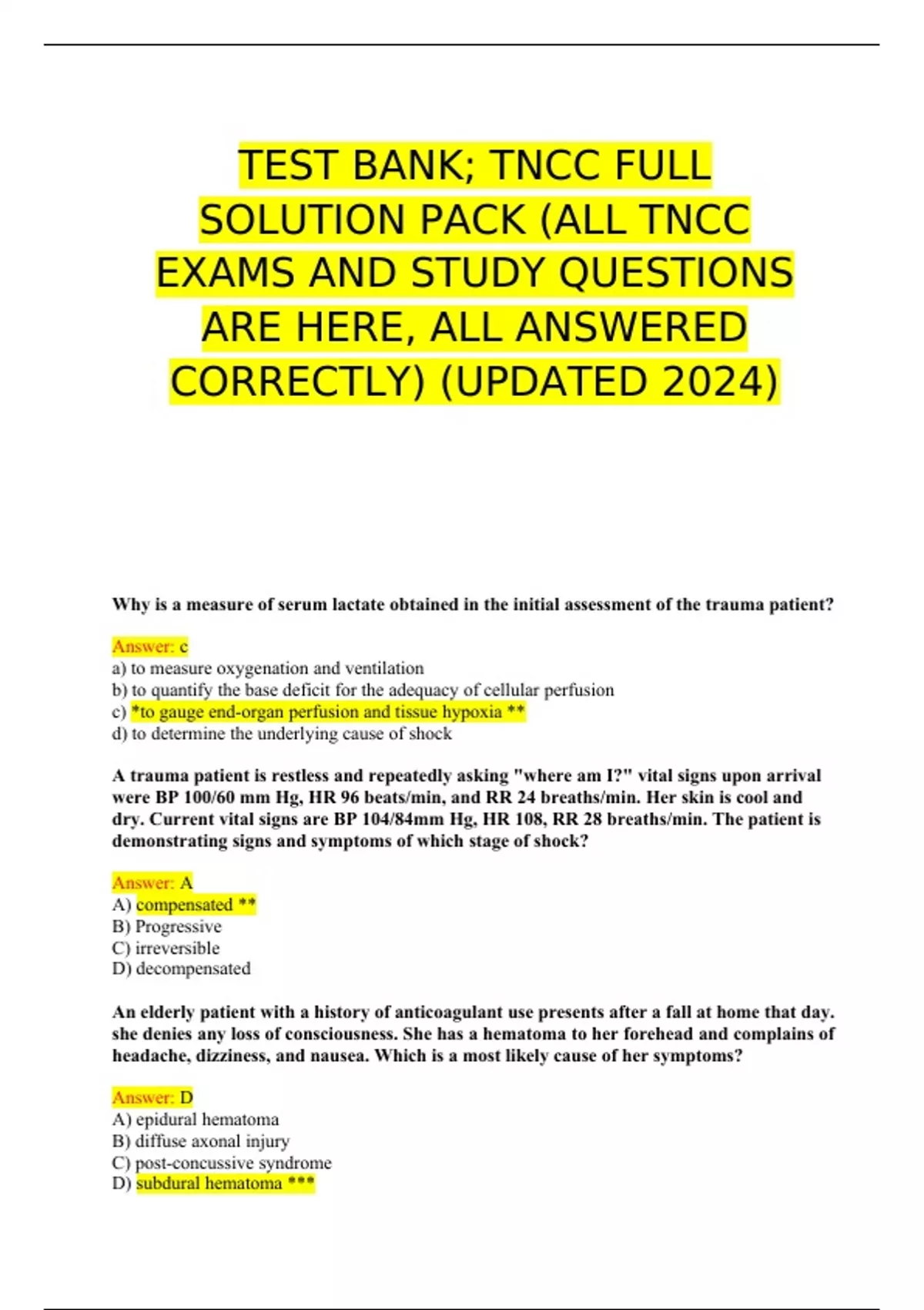 TNCC FULL SOLUTION PACK (ALL TNCC EXAMS AND STUDY QUESTIONS ARE HERE, ALL ANSWERED CORRECTLY ...