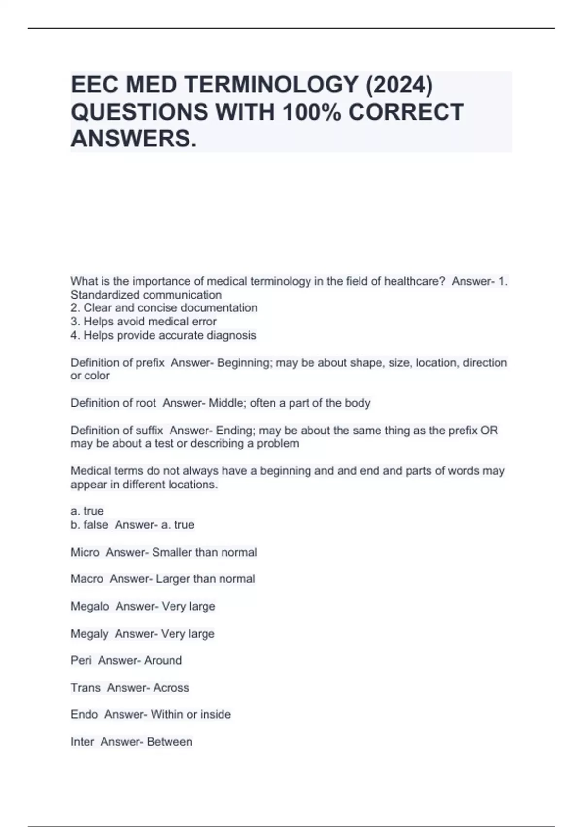 EEC MED TERMINOLOGY (2024) QUESTIONS WITH 100% CORRECT ANSWERS. - EEC MED - Stuvia US