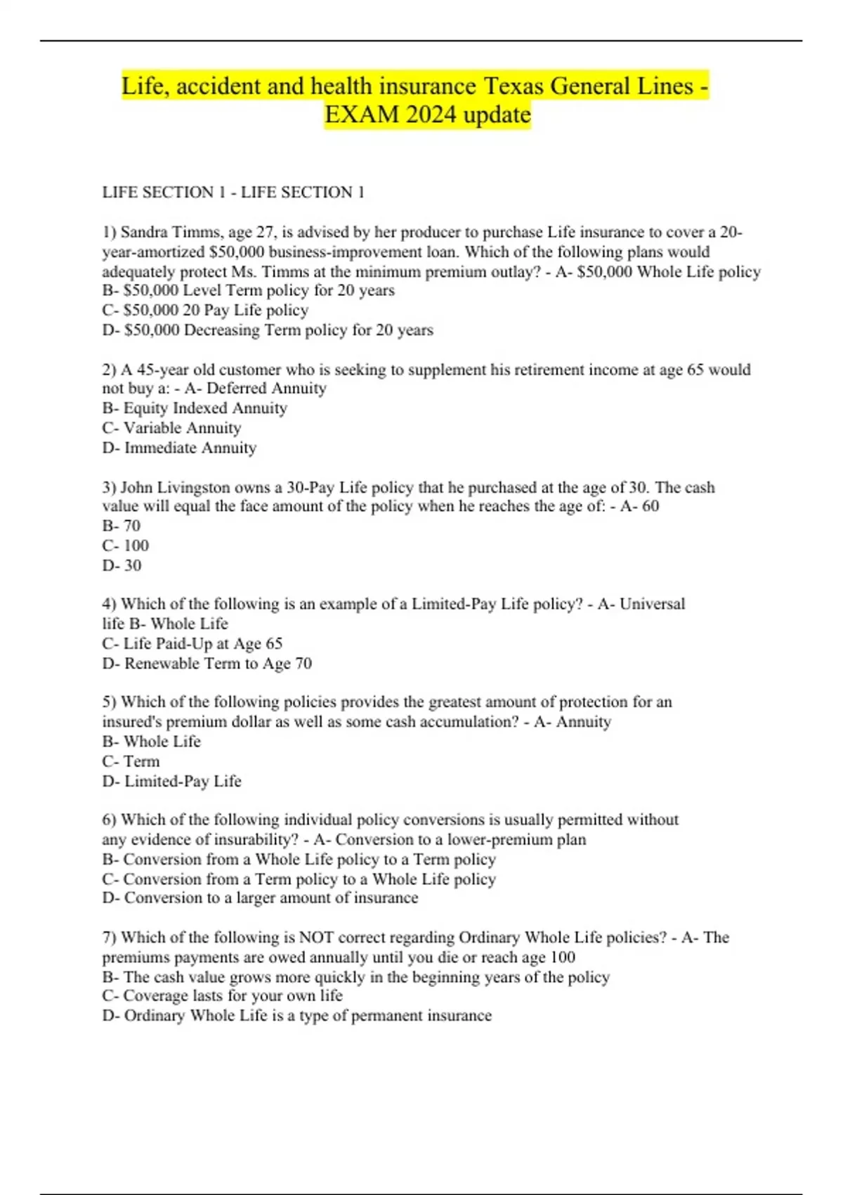 Life, accident and health insurance Texas General Lines - EXAM 2024 ...