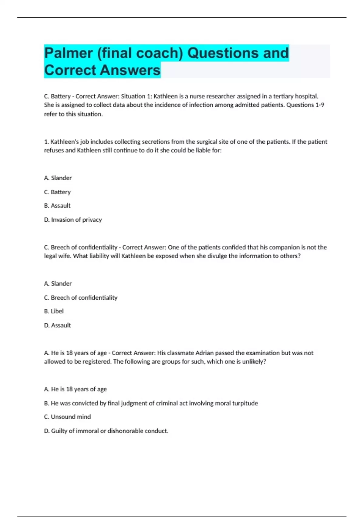 Palmer (final coach) Questions and Correct Answers - Licensed Practical ...
