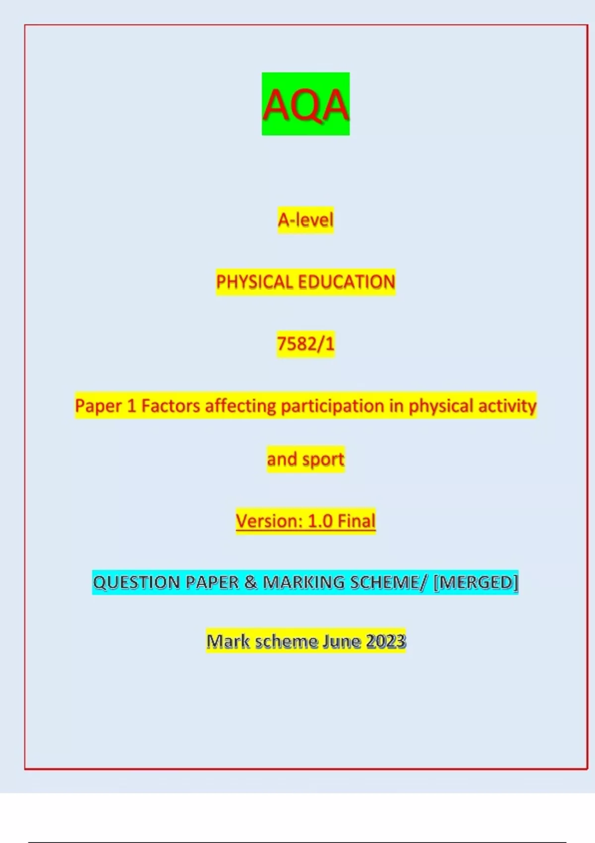 AQA A-level PHYSICAL EDUCATION 7582/1 Paper 1 Factors affecting ...