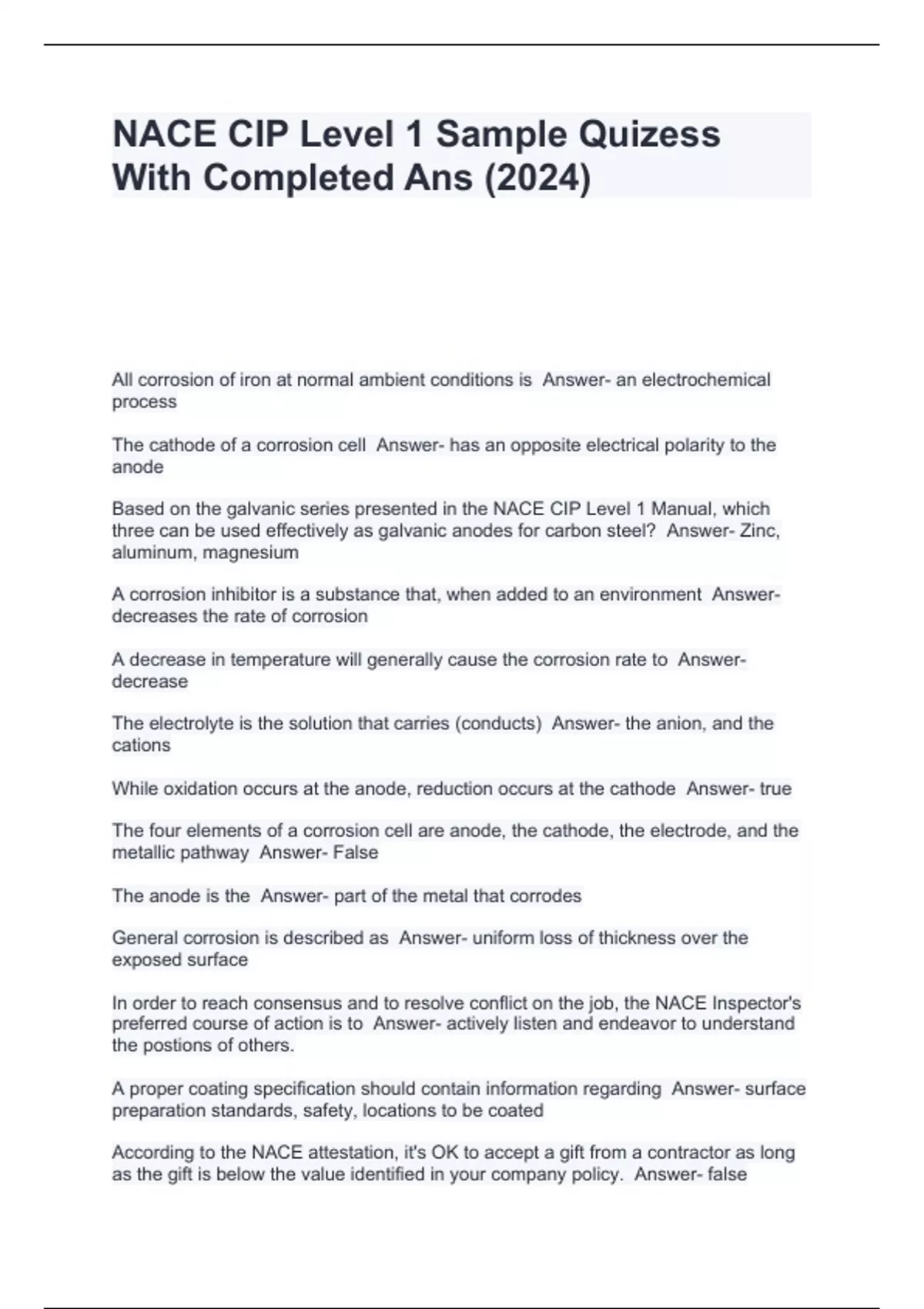 NACE CIP Level 1 Sample Quizess With Completed Ans (2024) - NACE CIP 1 ...