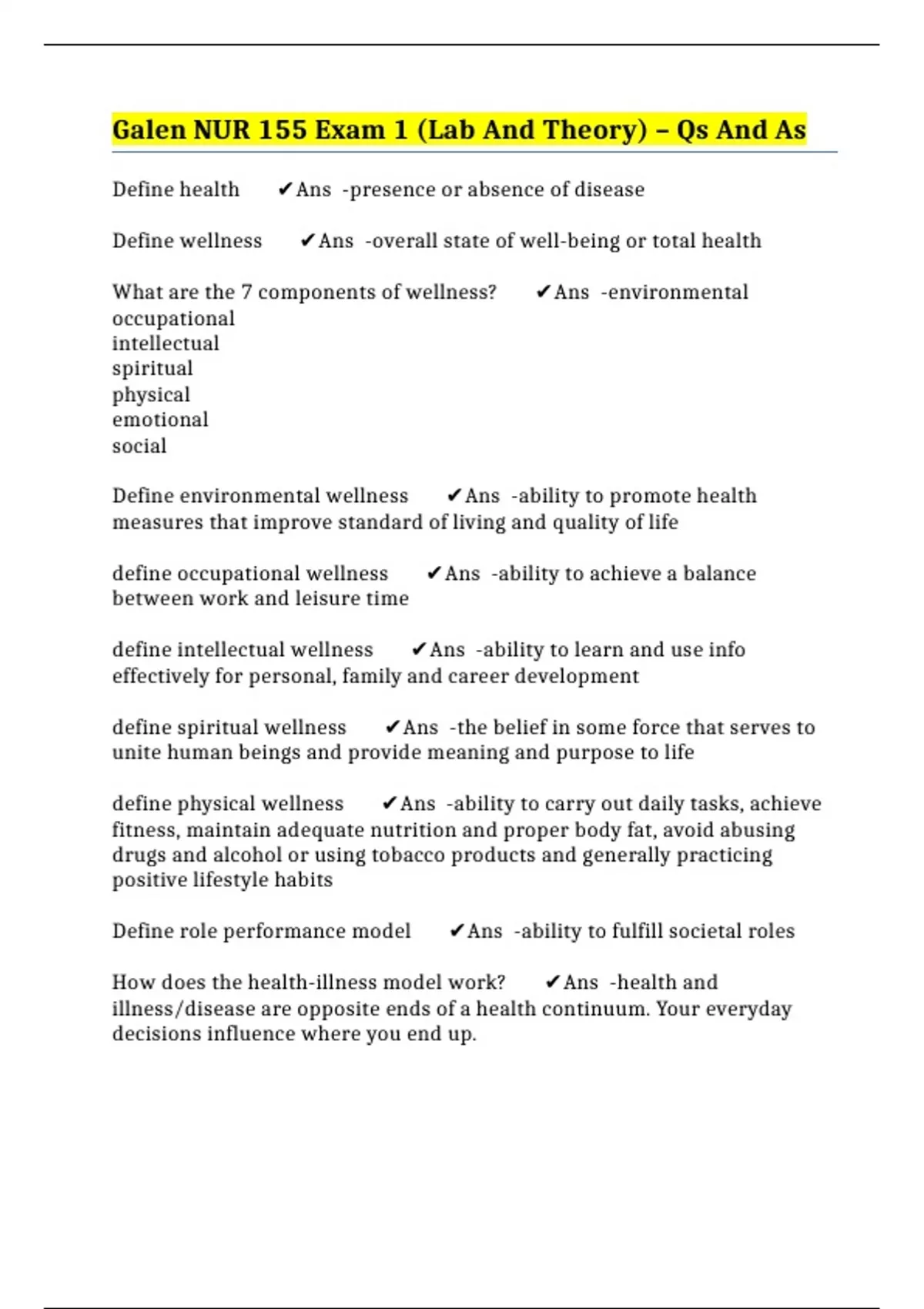 Galen NUR 155 Exam 1 (Lab And Theory) – Qs And As - NUR 155 - Stuvia US