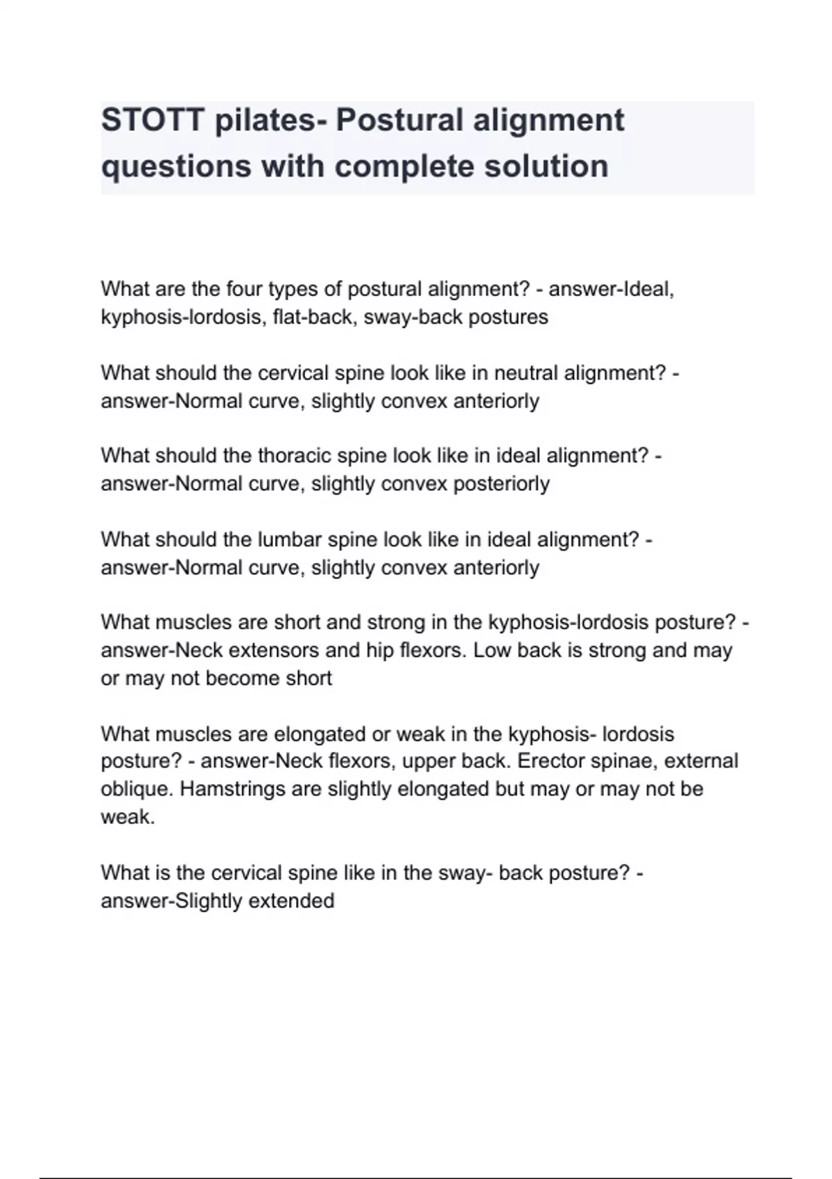 STOTT pilates- Postural alignment questions with complete solution ...