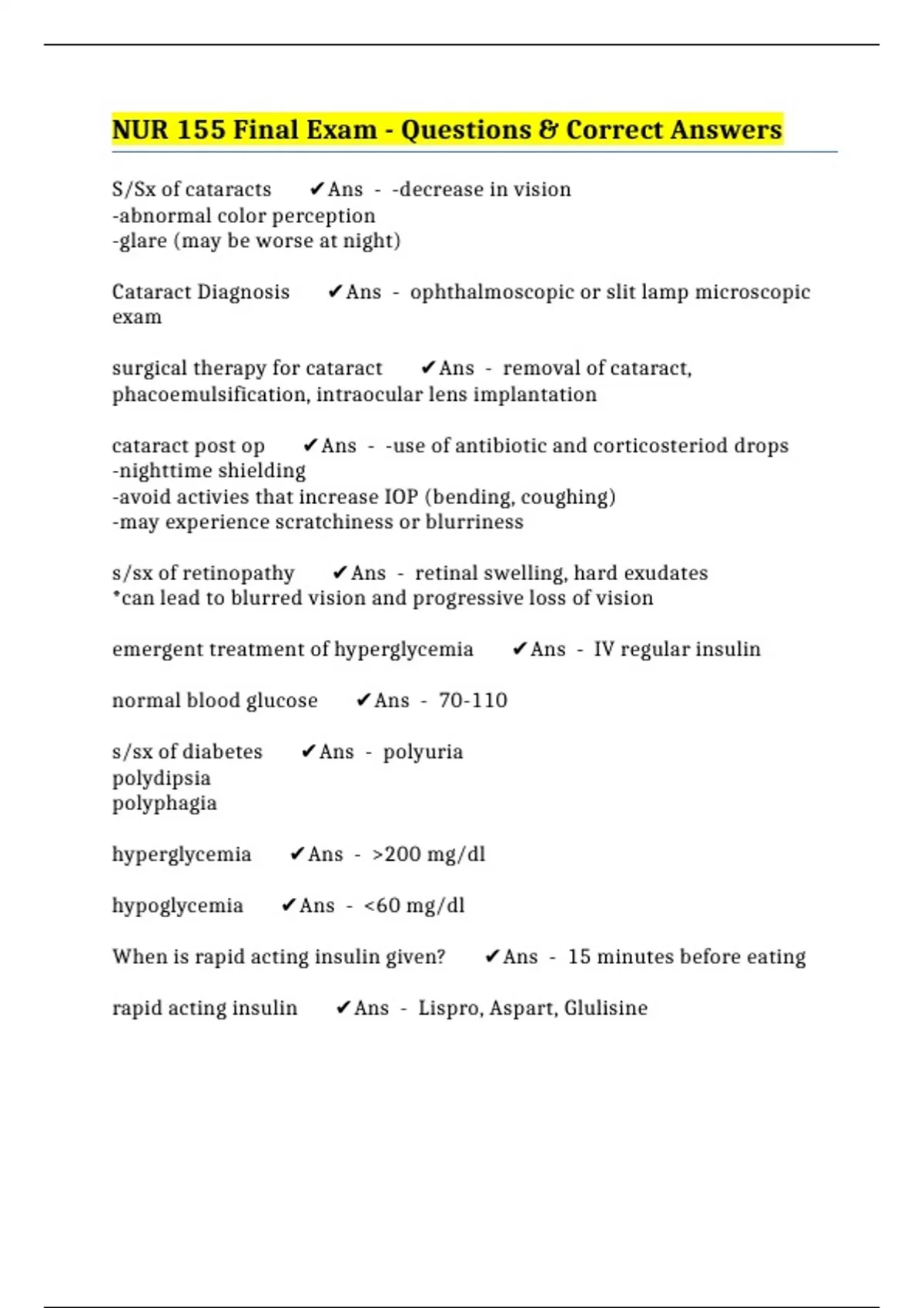 NUR 155 Final Exam - Questions & Correct Answers - NUR 155 - Stuvia