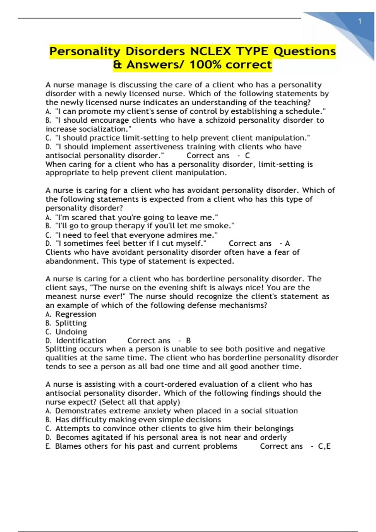 Personality Disorders NCLEX TYPE Questions & Answers/ 100% correct 2024 ...
