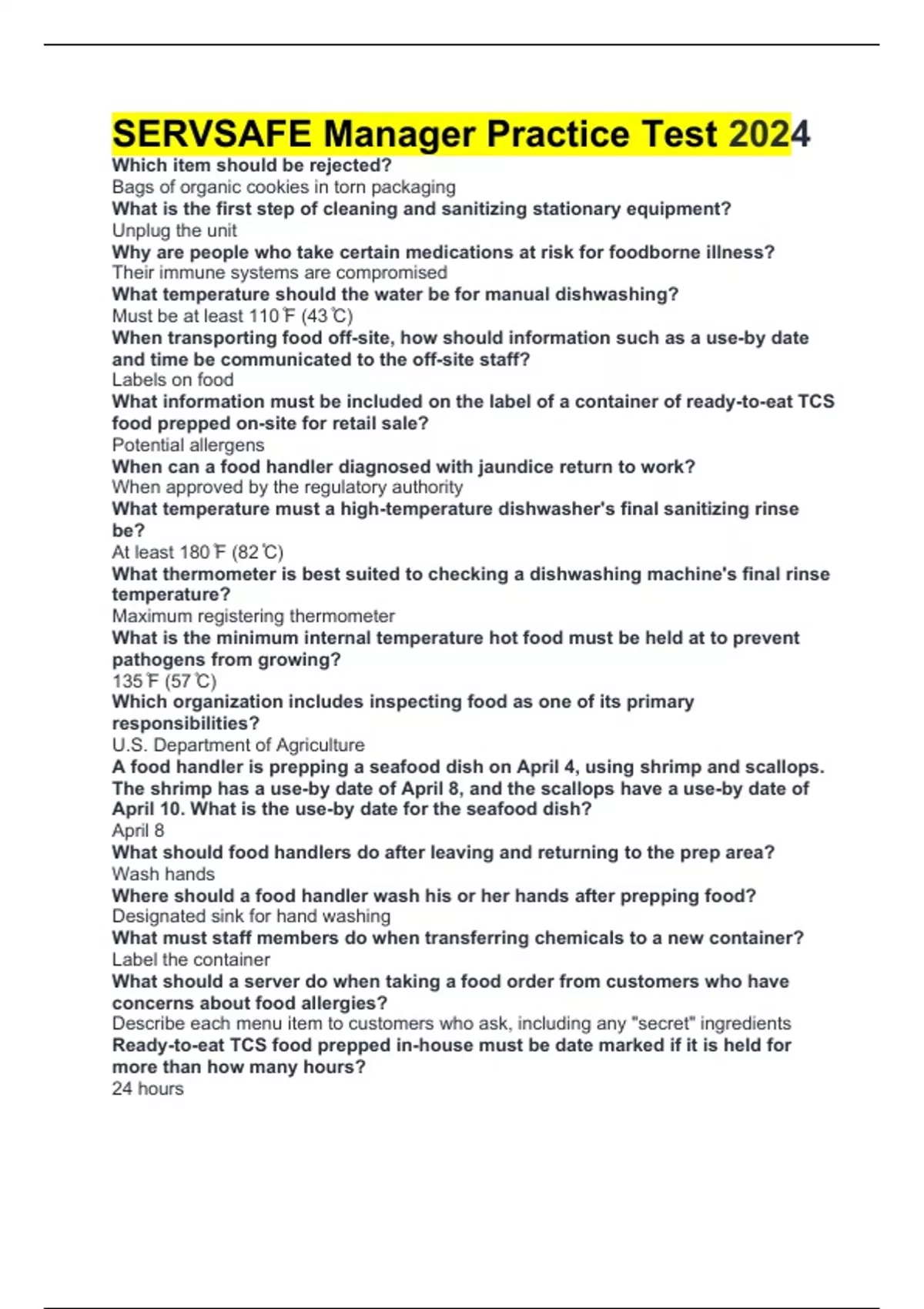 SERVSAFE Manager Practice Test 2024 SERVSAFE Manager Stuvia US