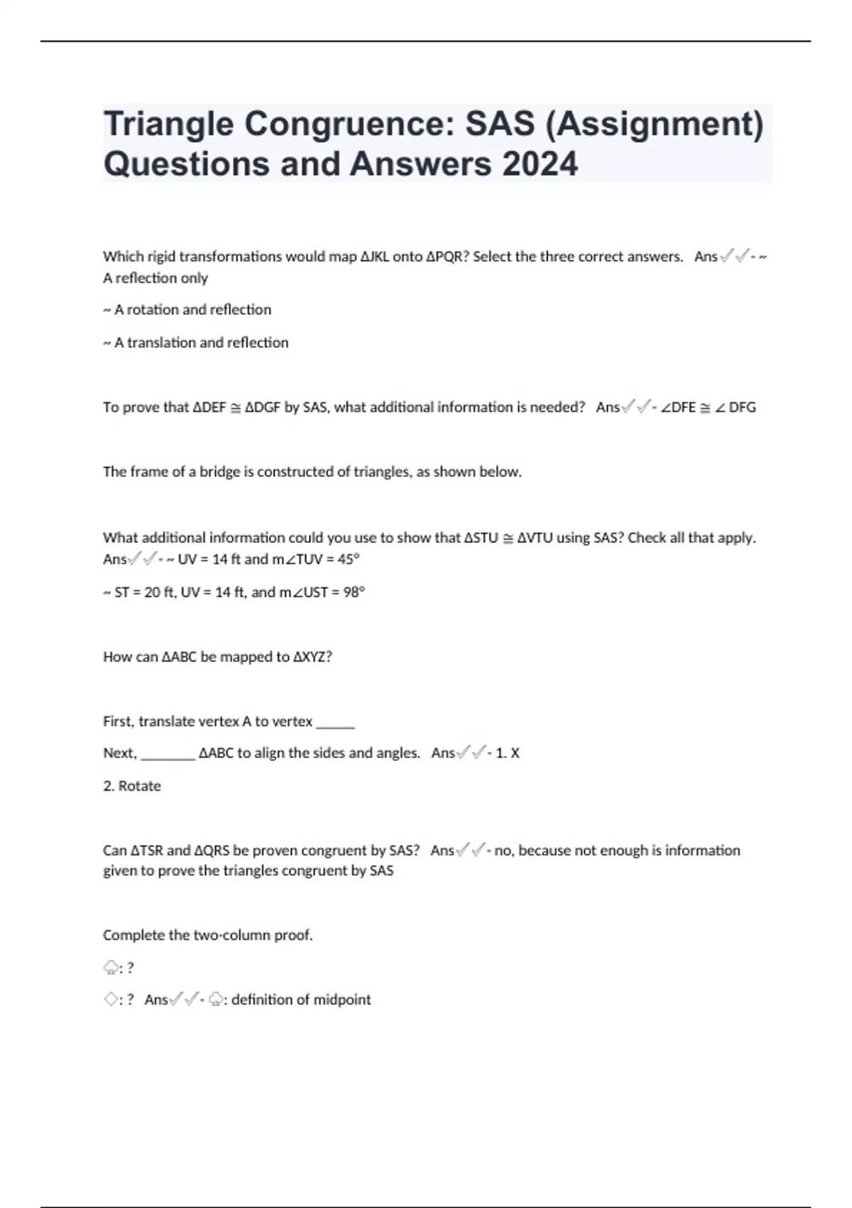 Triangle Congruence: SAS (Assignment) Questions and Answers 2024 ...