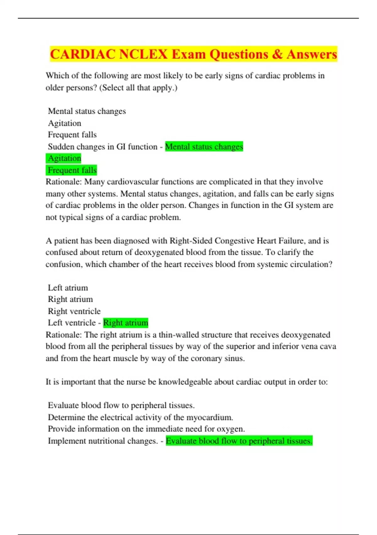 CARDIAC NCLEX Exam Questions & Answers, Latest 2024 ( All 100% Correct ...