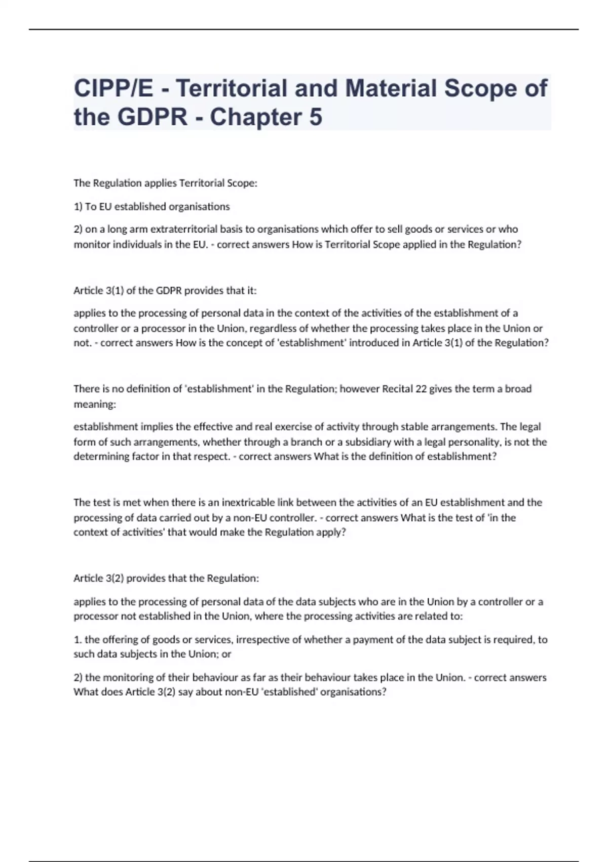 CIPPE - Territorial and Material Scope of the GDPR - Chapter 5 Question and answers 100% correct ...