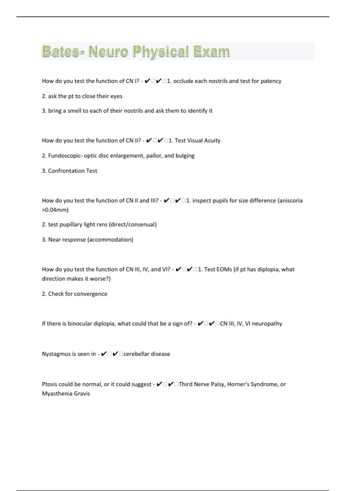 Bates- Neuro Physical 92 Exam Questions with 100% Correct Answers ...