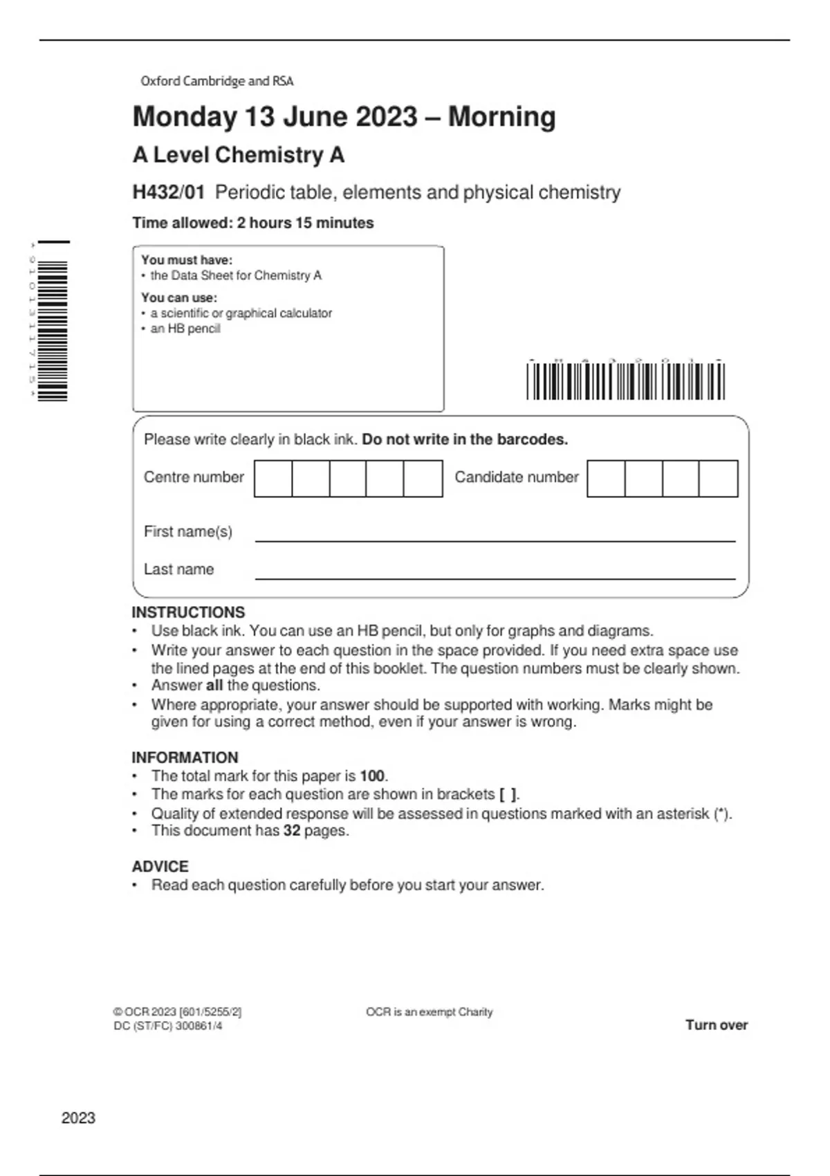 A Level Chemistry A H432/01 JUNE 2023 ACTUAL QUESTION PAPER Periodic ...