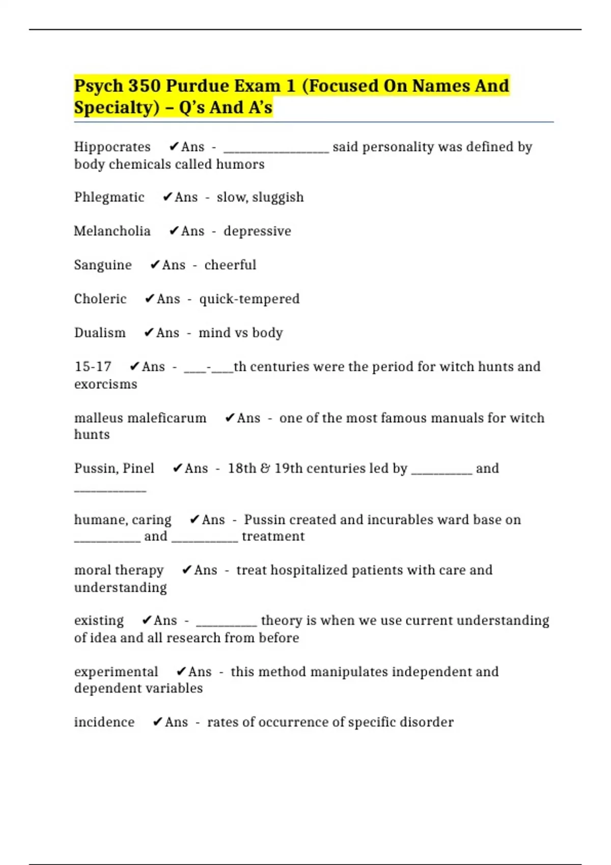 Psych 350 Purdue Exam 1 (Focused On Names And Specialty) – Q’s And A’s ...