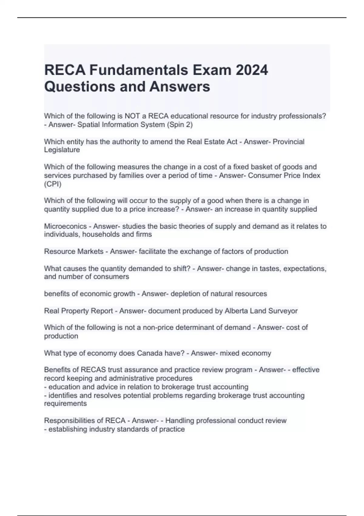 RECA Fundamentals Exam 2024 Questions and Answers - RECA - Stuvia US