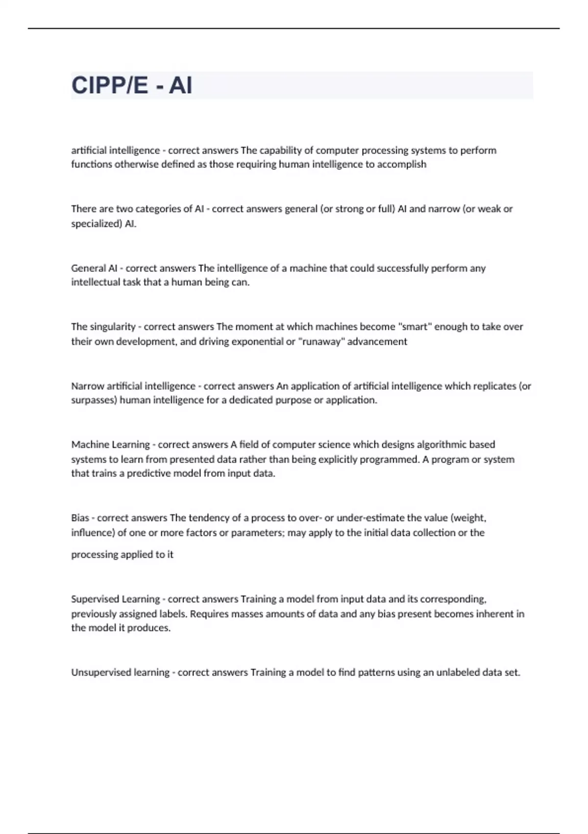 CIPPE - AI Question and answers 100% correct 2023/2024 - CIPP/E - Stuvia US