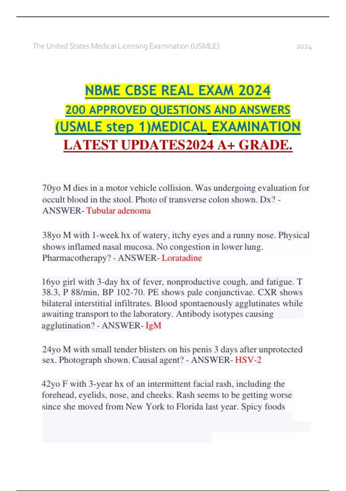 NBME CBSE REAL EXAM 2024 200 APPROVED QUESTIONS AND ANSWERS (USMLE step ...