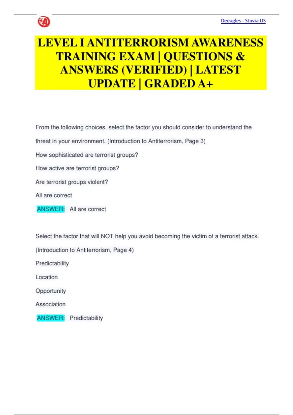 LEVEL I ANTITERRORISM AWARENESS TRAINING EXAMS PACK| QUESTIONS ...